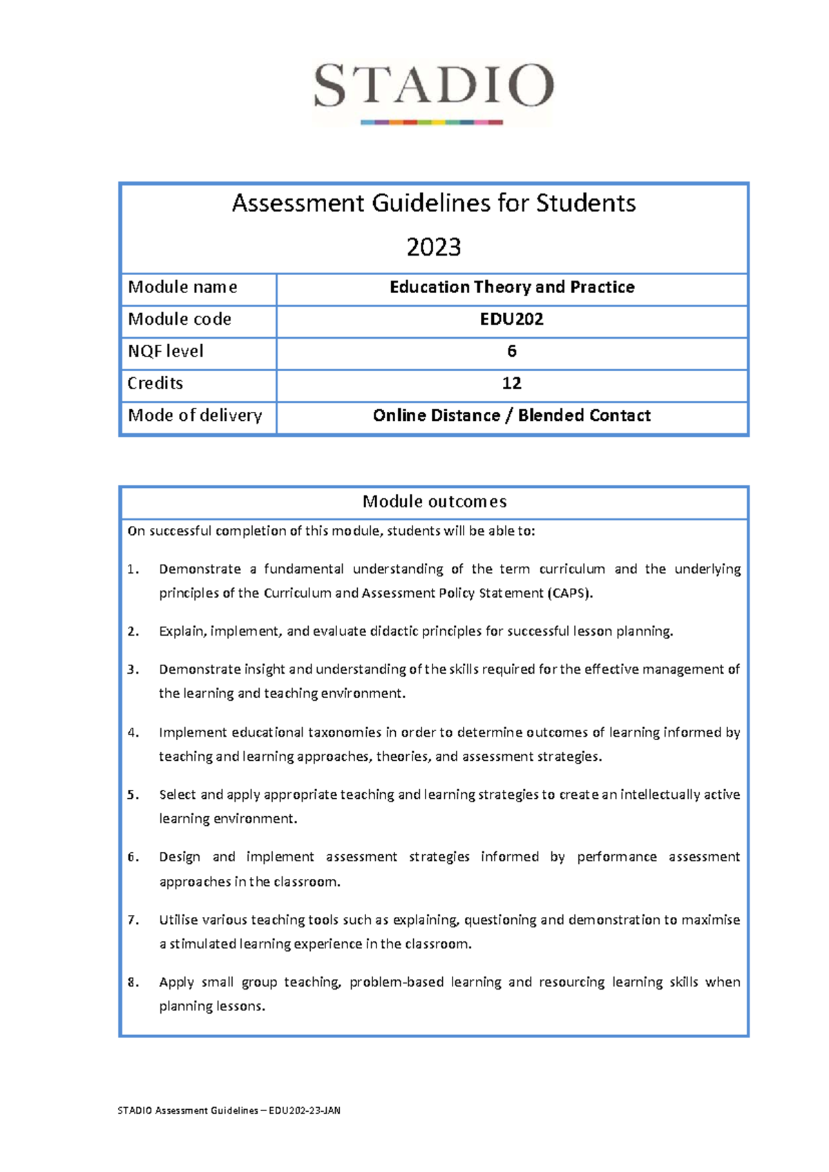 Stadio Assessment Guidelines for EDU202: Education Theory & Practice ...