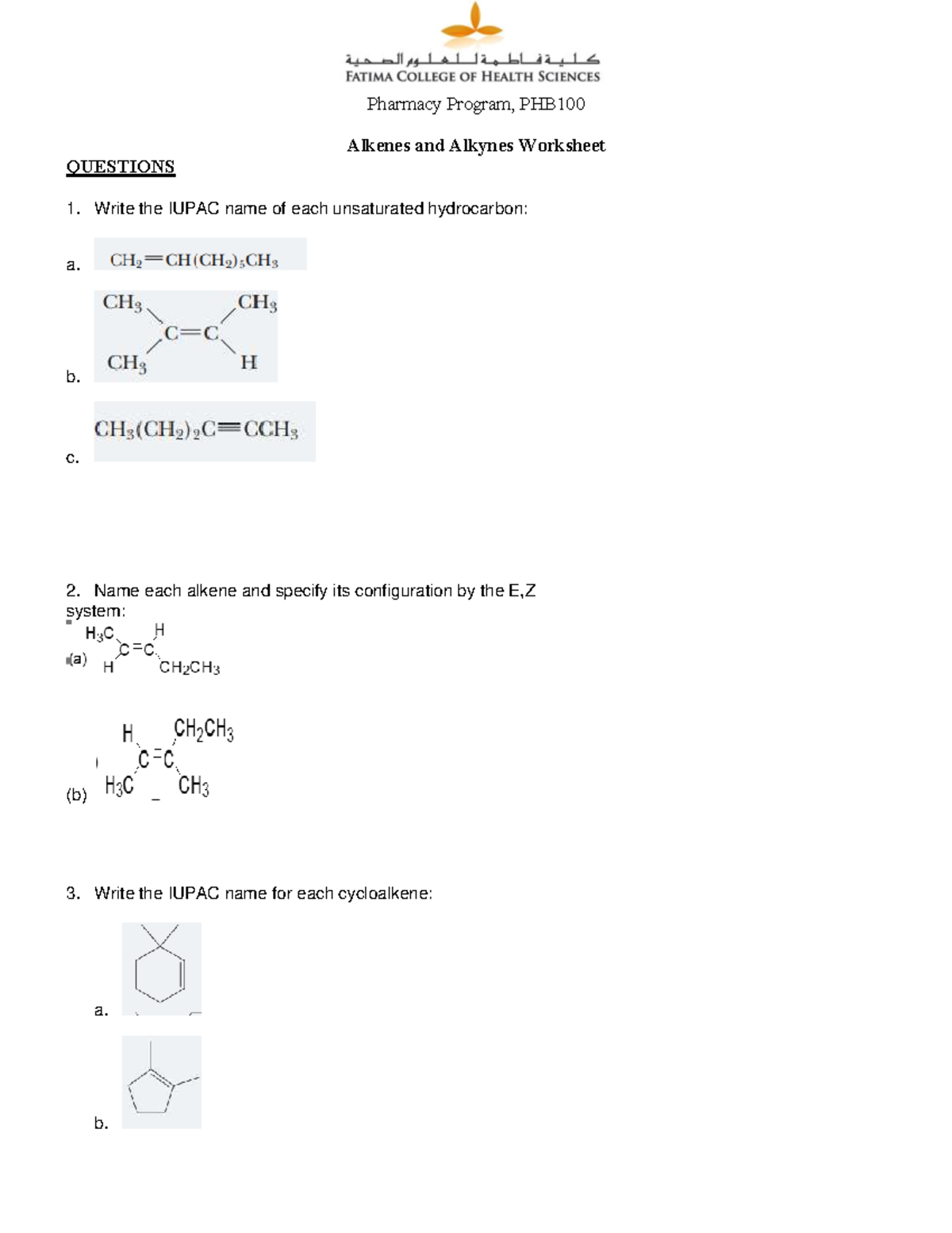 Alkenes & Alkynes Worksheet, PHB100 Student Version - Studocu