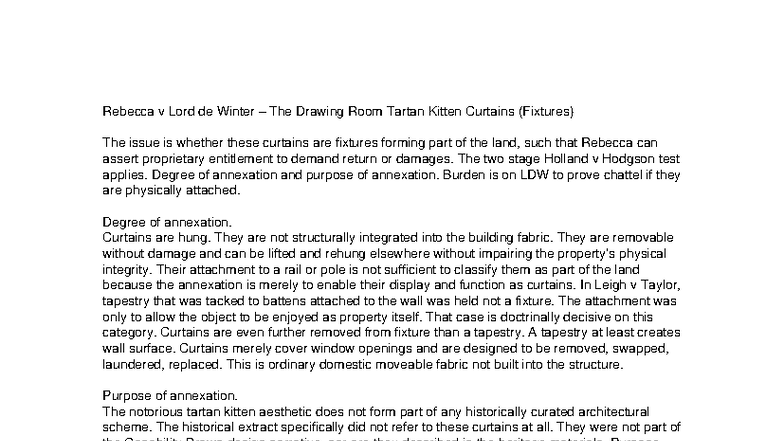 Rebecca v Lord de Winter: Analysis of Tartan Curtains as Chattels - Studocu