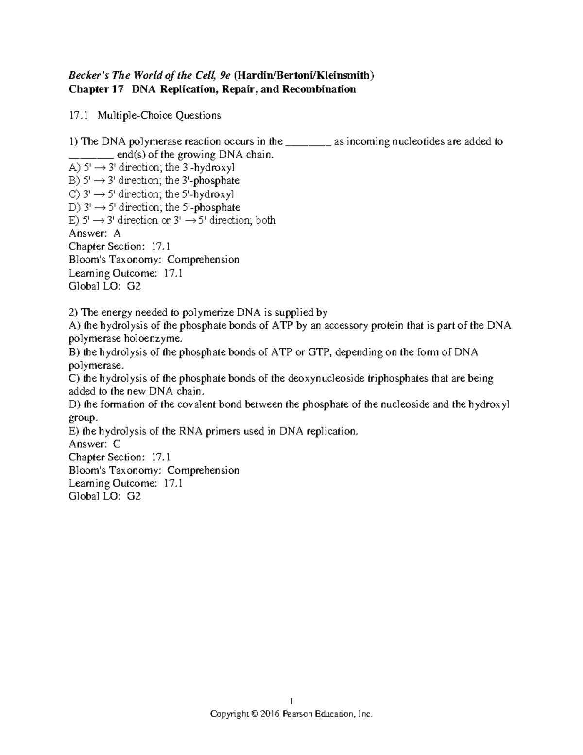 Ch 17 Test Bank - DNA Replication, Repair & Recombination Questions ...