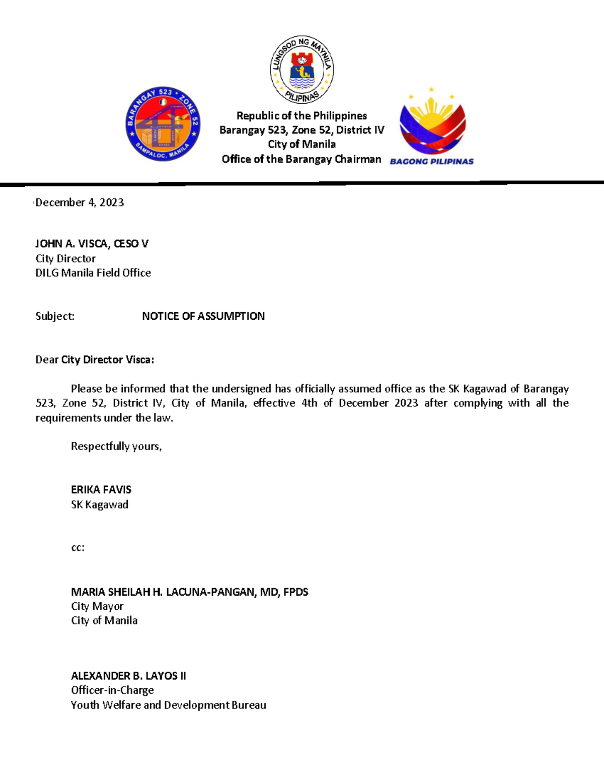Assumption of Office Notification for SK Kagawad - Barangay 523 - Studocu