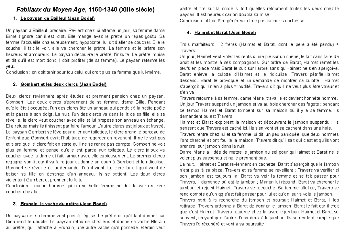 Fabliaux du Moyen Age : Résumé des Histoires de Jean Bodel - Studocu
