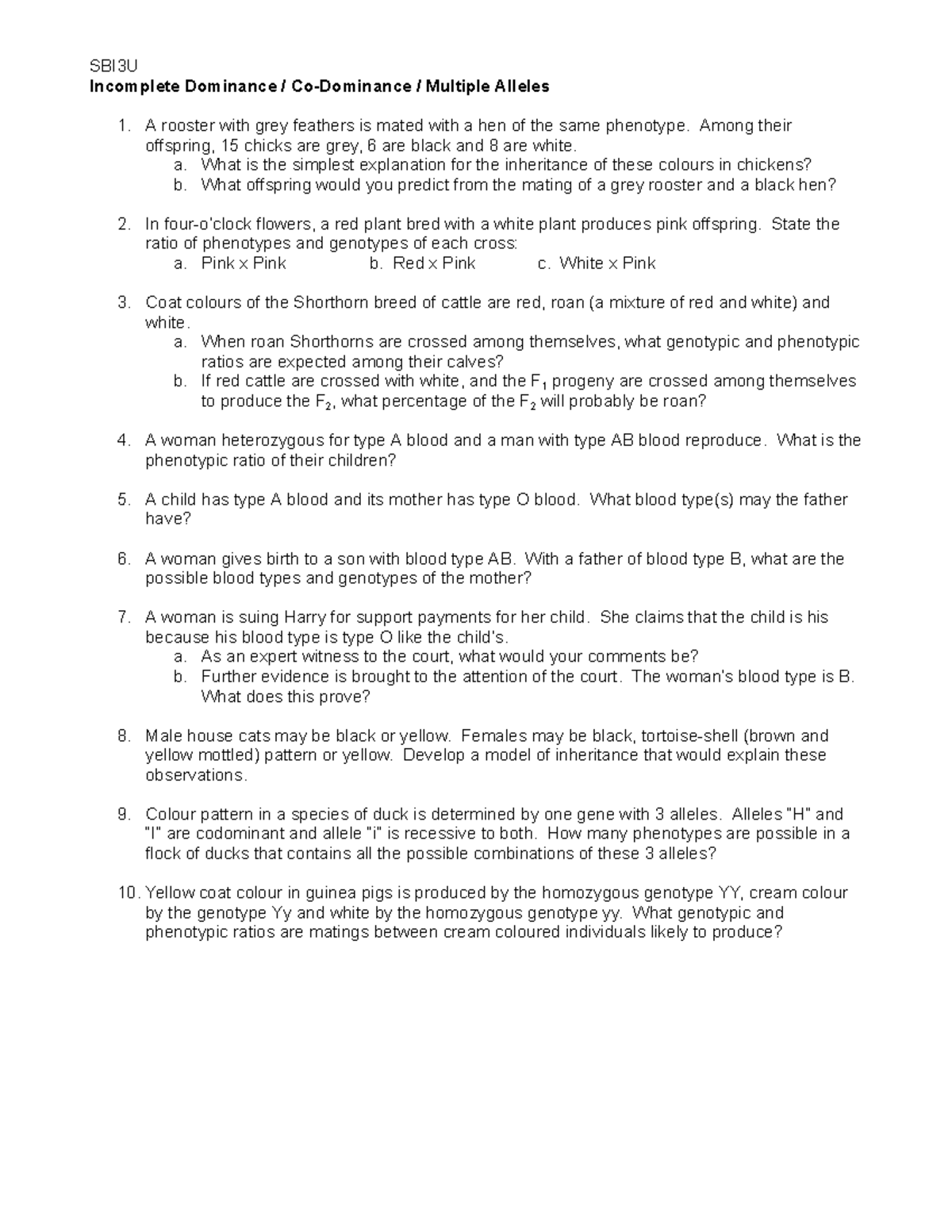 SBI3U Incomplete Dominance & Co-Dominance Practice Problems - Studocu