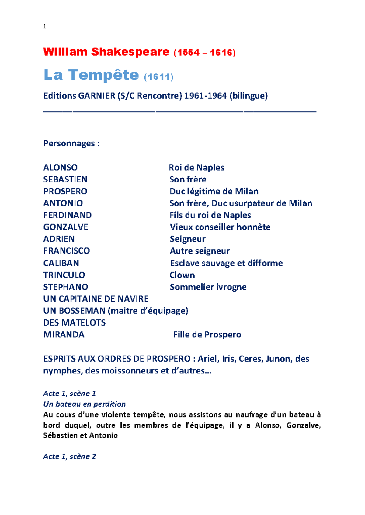 LA Tempete Résumé - Iekekz - William Shakespeare (1554 – 1616) La ...