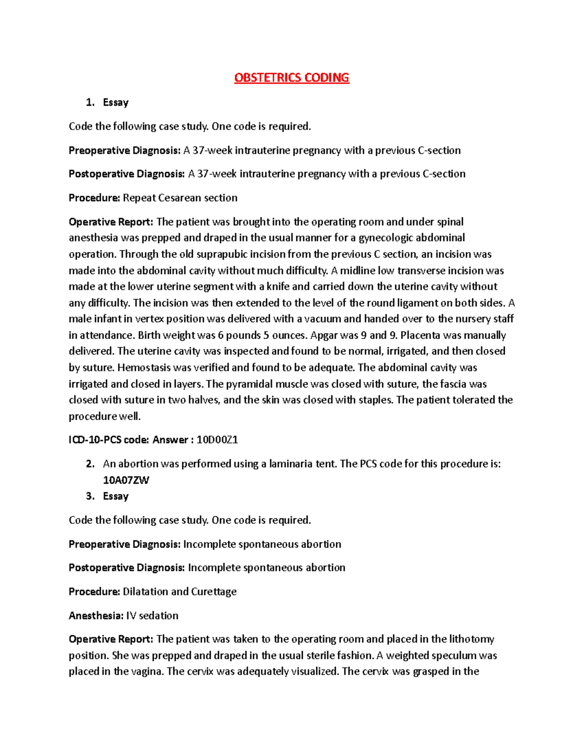 OBSTETRICS CODING 1: Module 5 ICD-10-PCS Case Study Analysis - Studocu