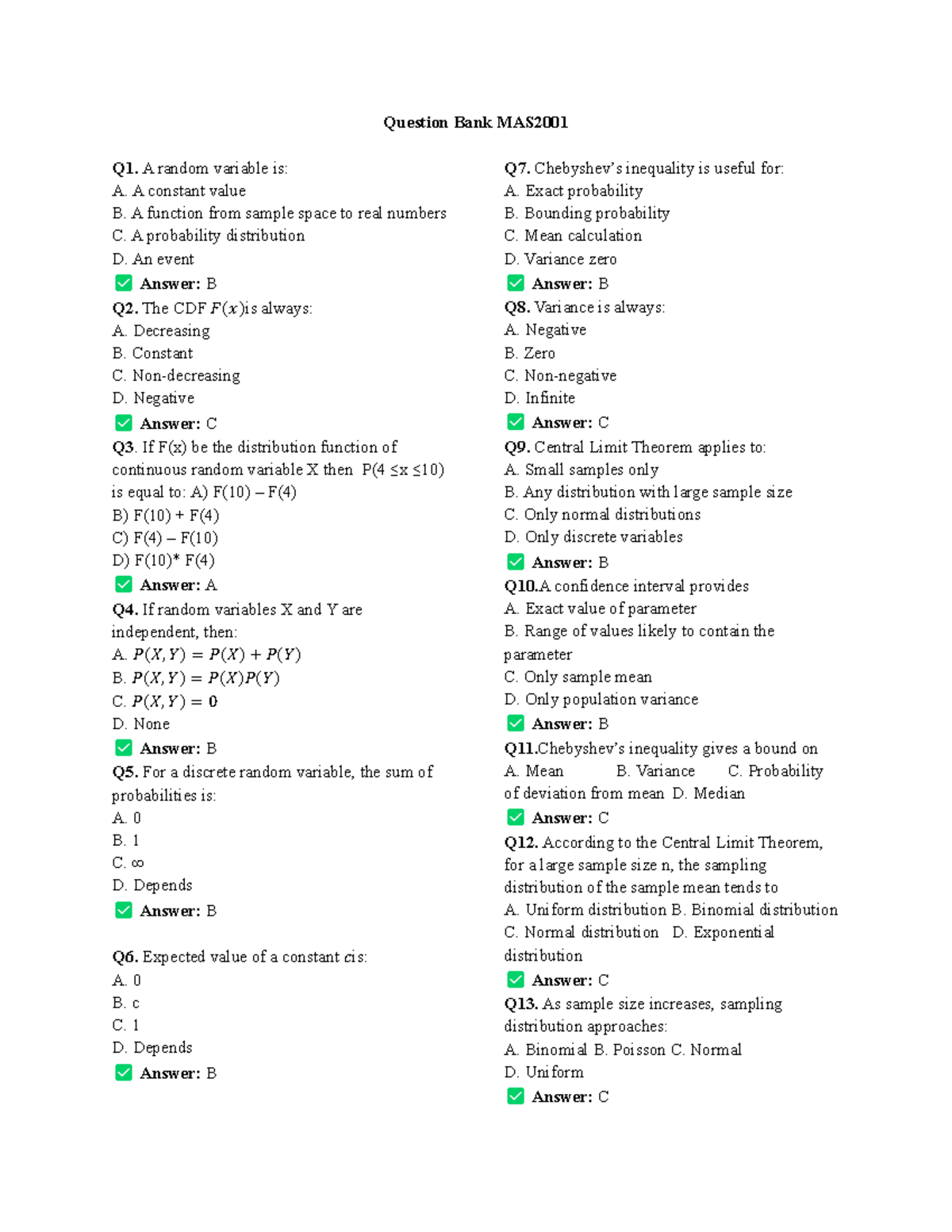 Question Bank MAS2001: Random Variables and Probability Distributions ...