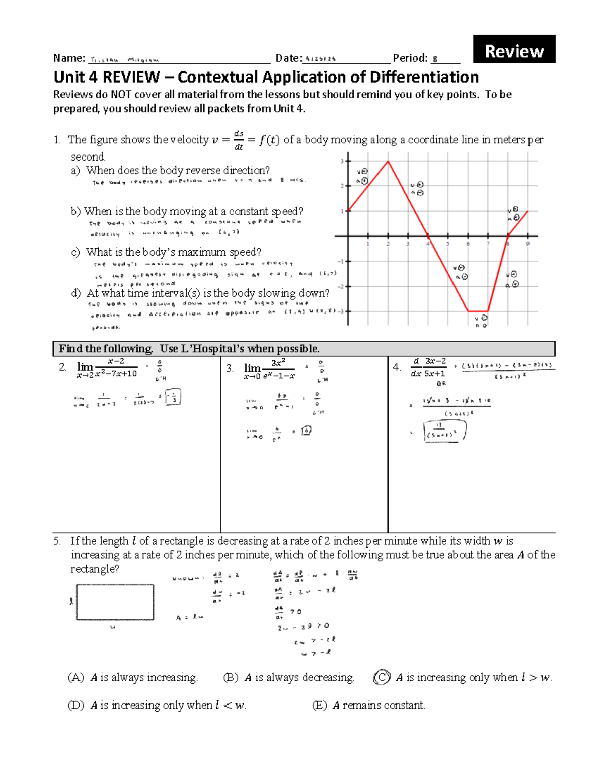 Unit 4 Review: Contextual Application of Differentiation - Studocu