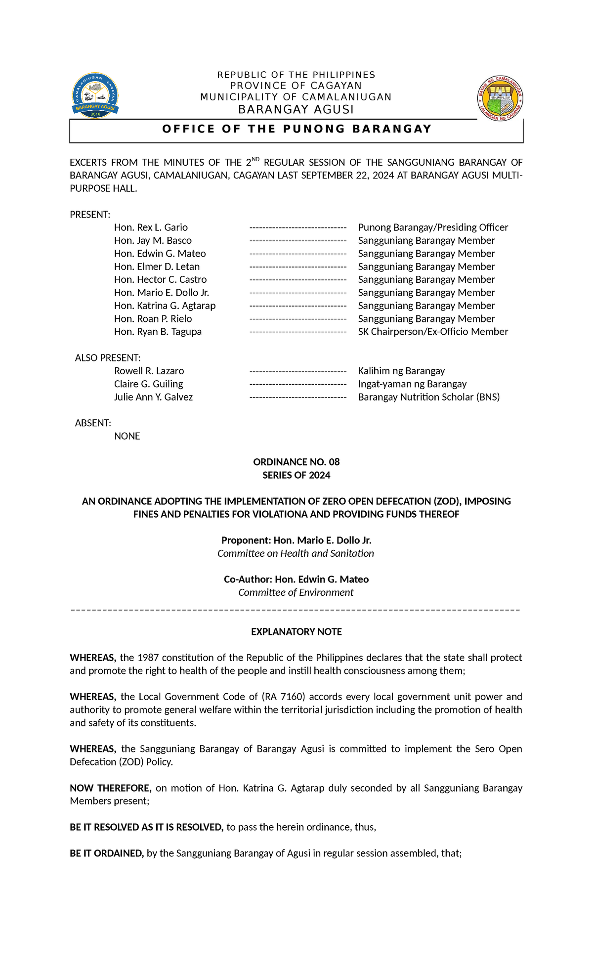 Zero Open Defecation (ZOD) Ordinance - Barangay Agusi, Cagayan - Studocu