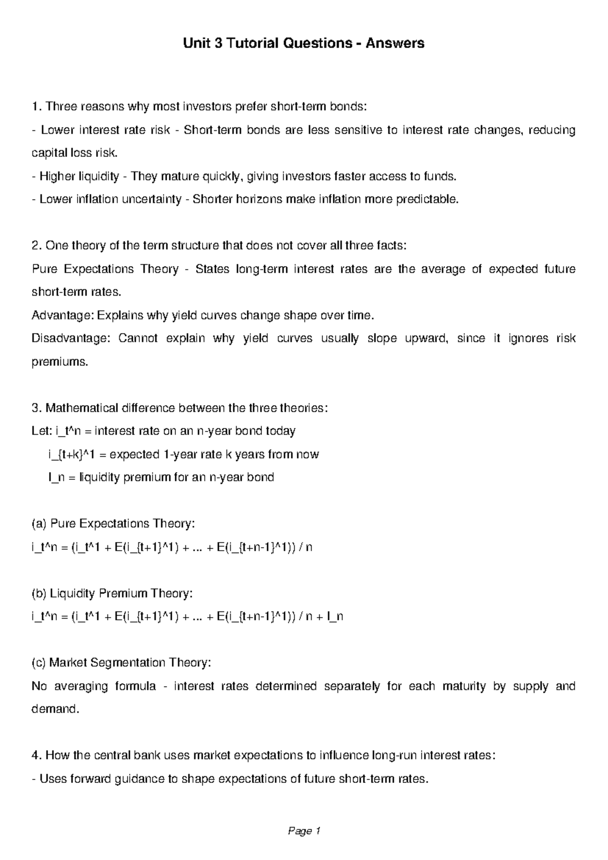 Unit 3 Tutorial Answers: Bond Preferences & Interest Rate Theories ...