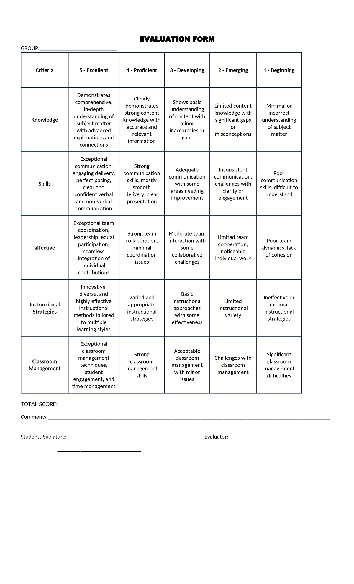Group and final - EVALUATION FORM GROUP:___________________________ Criteria 5 - Excellent 4 ...
