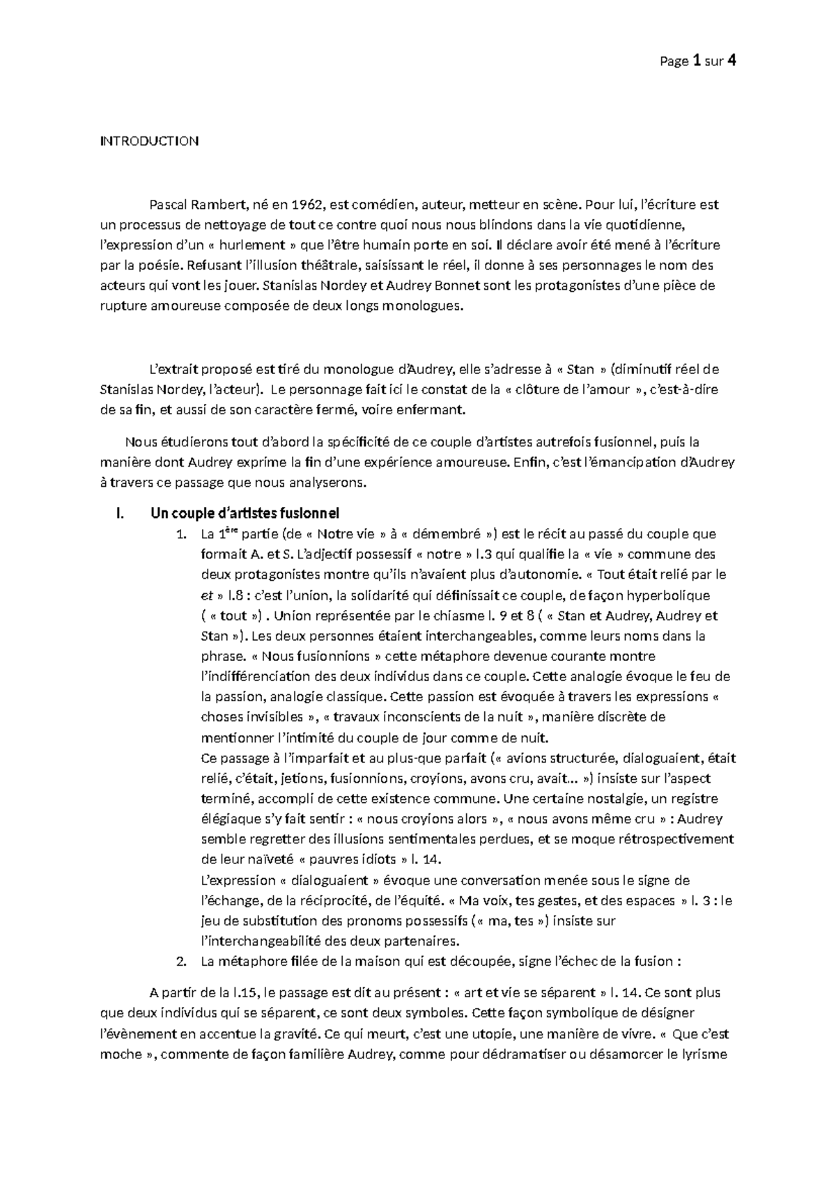 Analyse Linéaire: Clôture de l'Amour par Pascal Rambert - Studocu