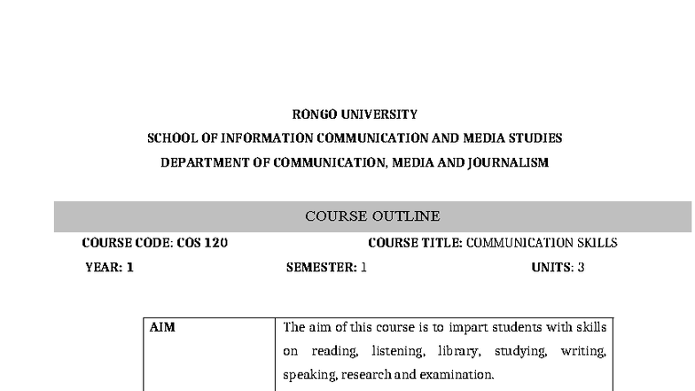 COS 120 Communication Skills Course Outline - Year 1, Semester 1 - Studocu