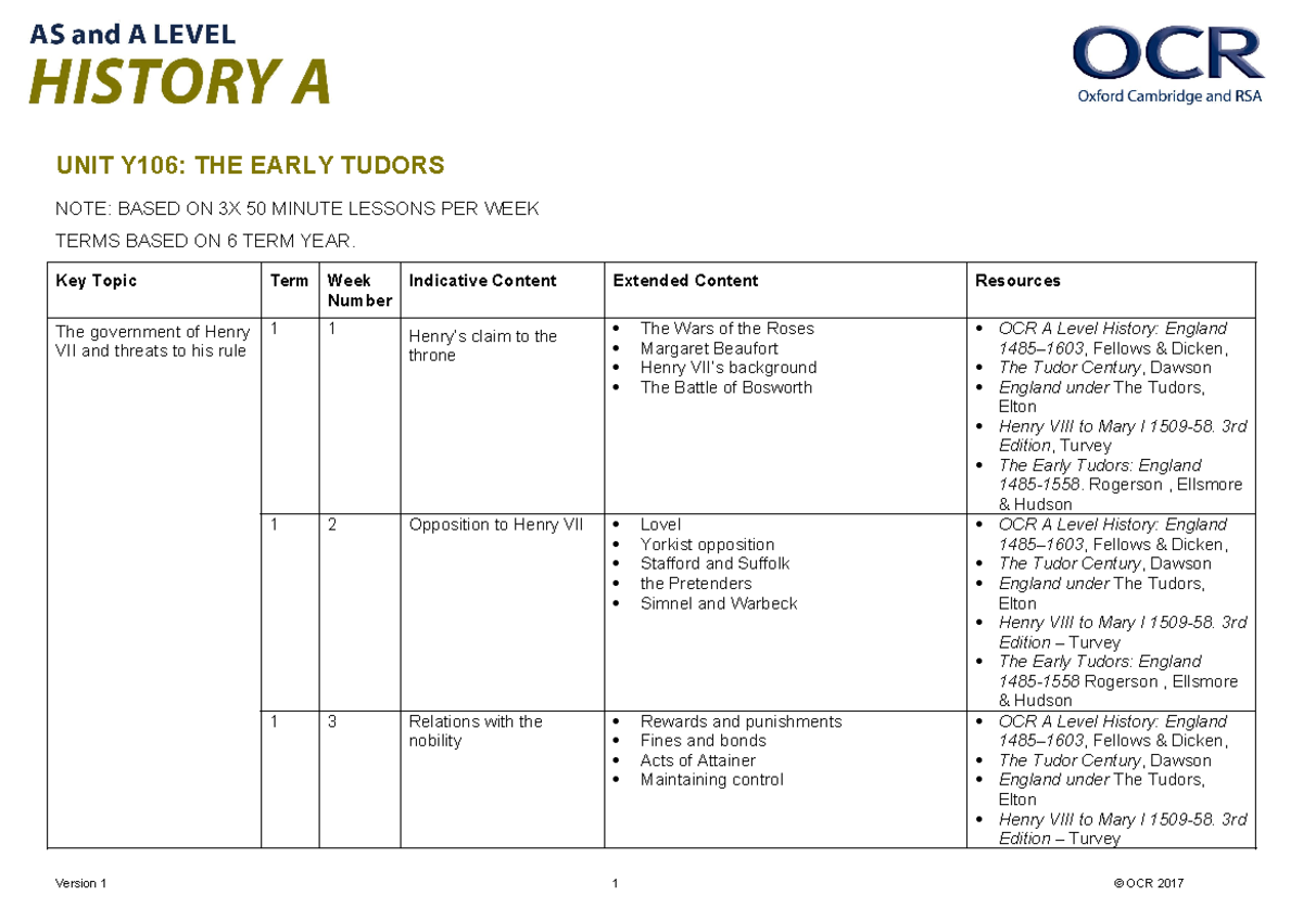 400849 Unit Y106 The Early Tudors Scheme of Work and Lessons - Studocu