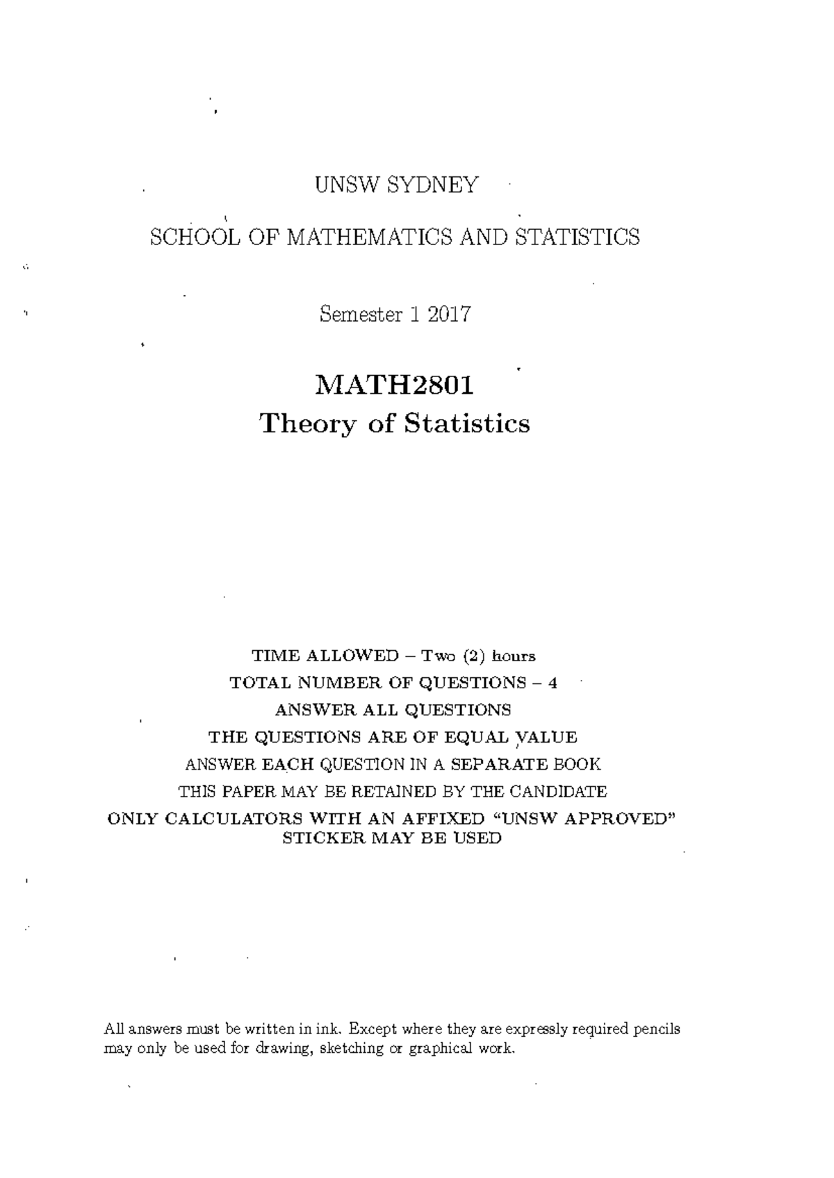 MATH2801 2017 S1 - Final Exam Paper on Theory of Statistics - Studocu