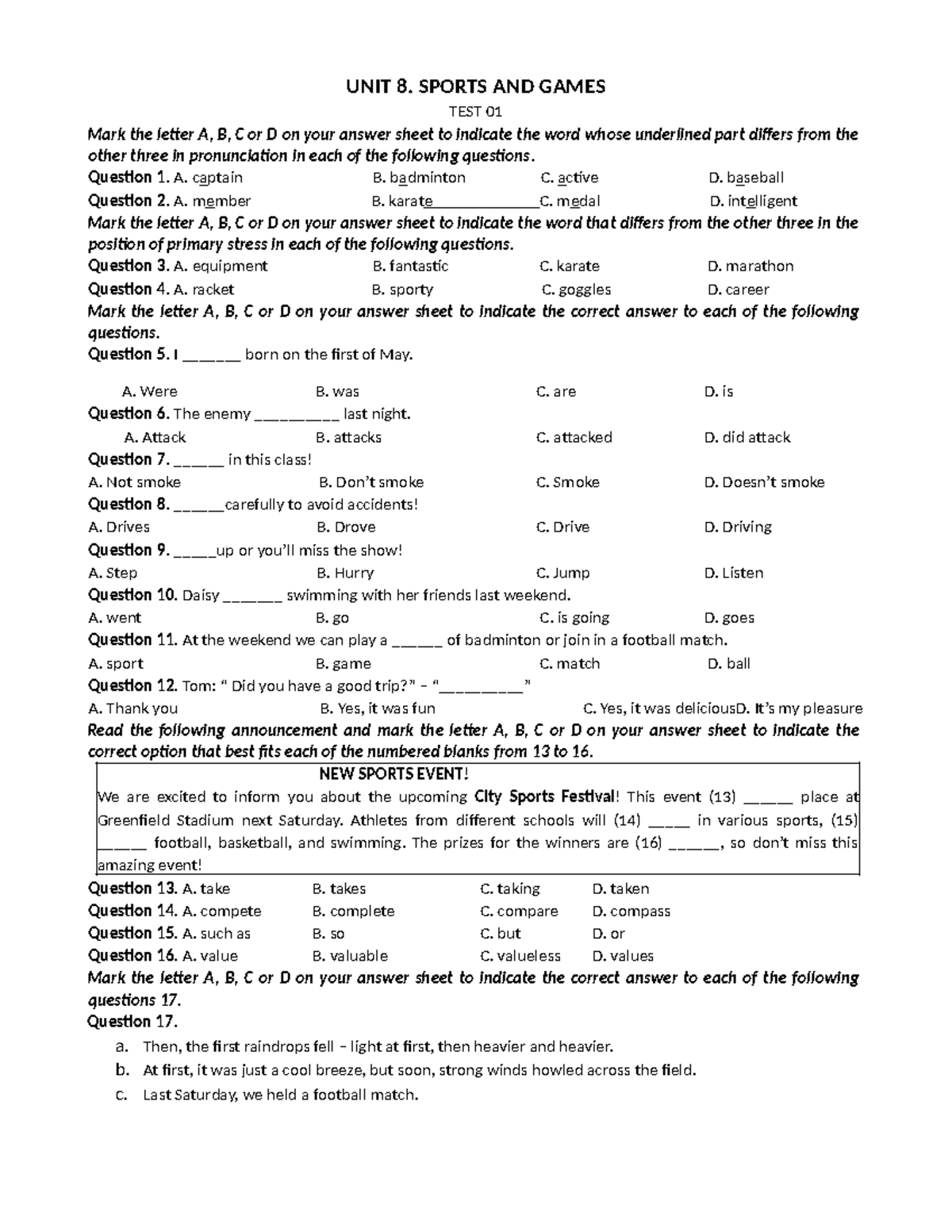 UNIT 8 E6 SPORTS AND GAMES TEST 01 & 02 - Studocu
