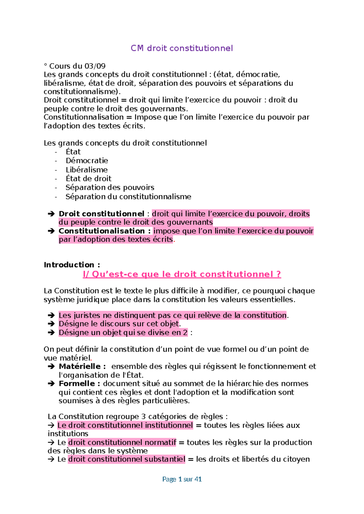CM Droit Constitutionnel : Concepts Clés et Interprétations Normatives - Studocu
