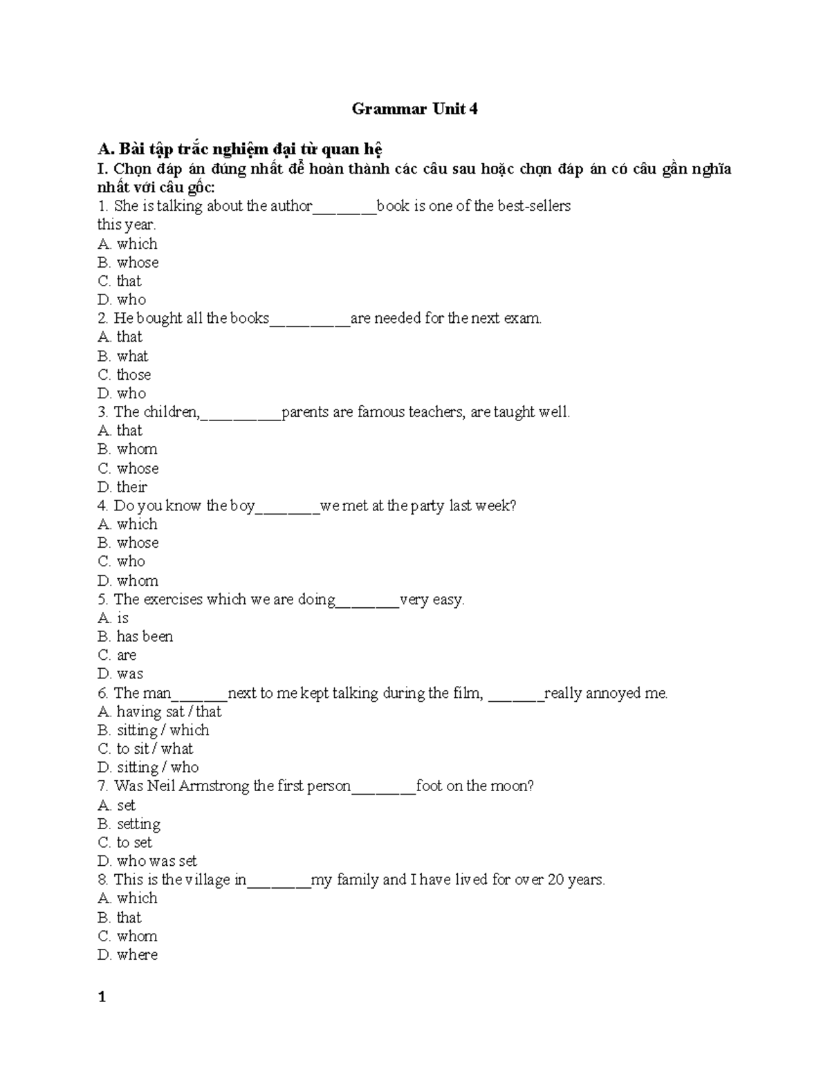 Grammar Unit 4 ODF 3: Exercises on Relative Pronouns - Studocu