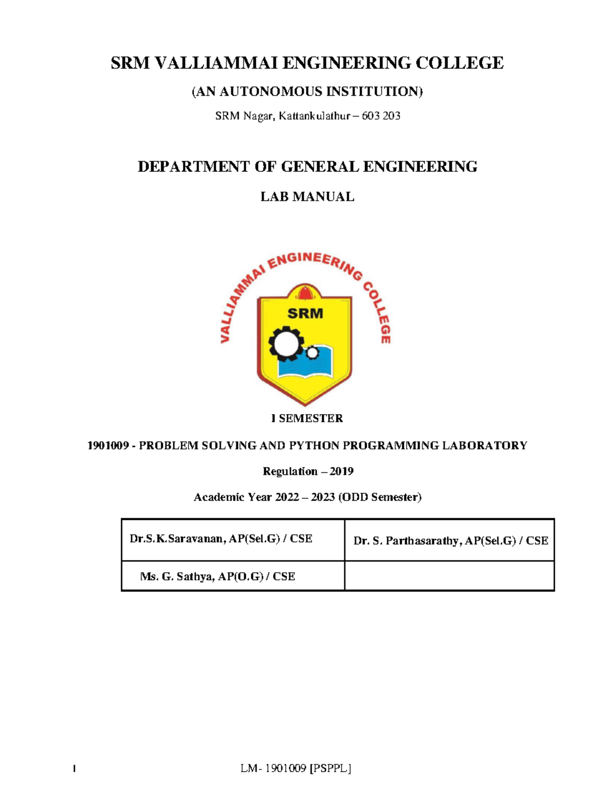 1901009 Problem Solving And Python Programming Laboratory Manual Srm Valliammai Engineering