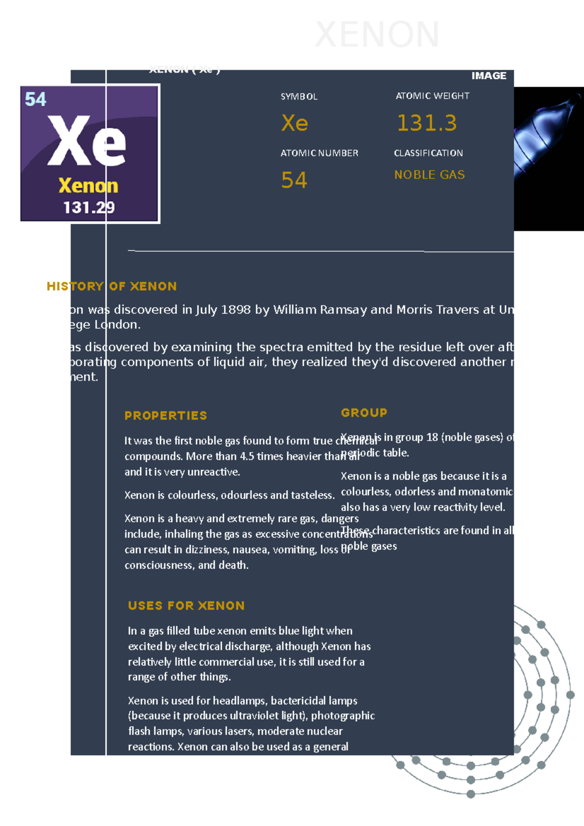 Xenon research task - CLASSIFICATION NOBLE GAS ATOMIC WEIGHT 131. GROUP ...