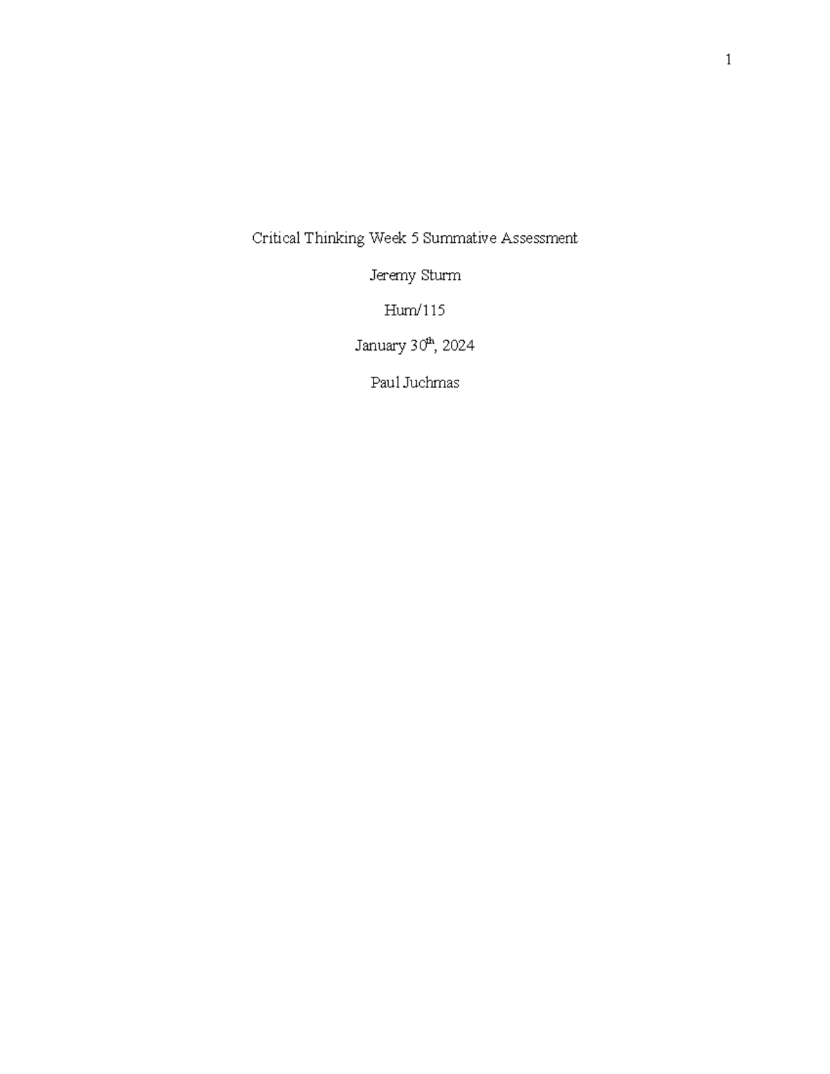 Hum115 v10 wk5 reflection template - 1 Critical Thinking Week 5 ...