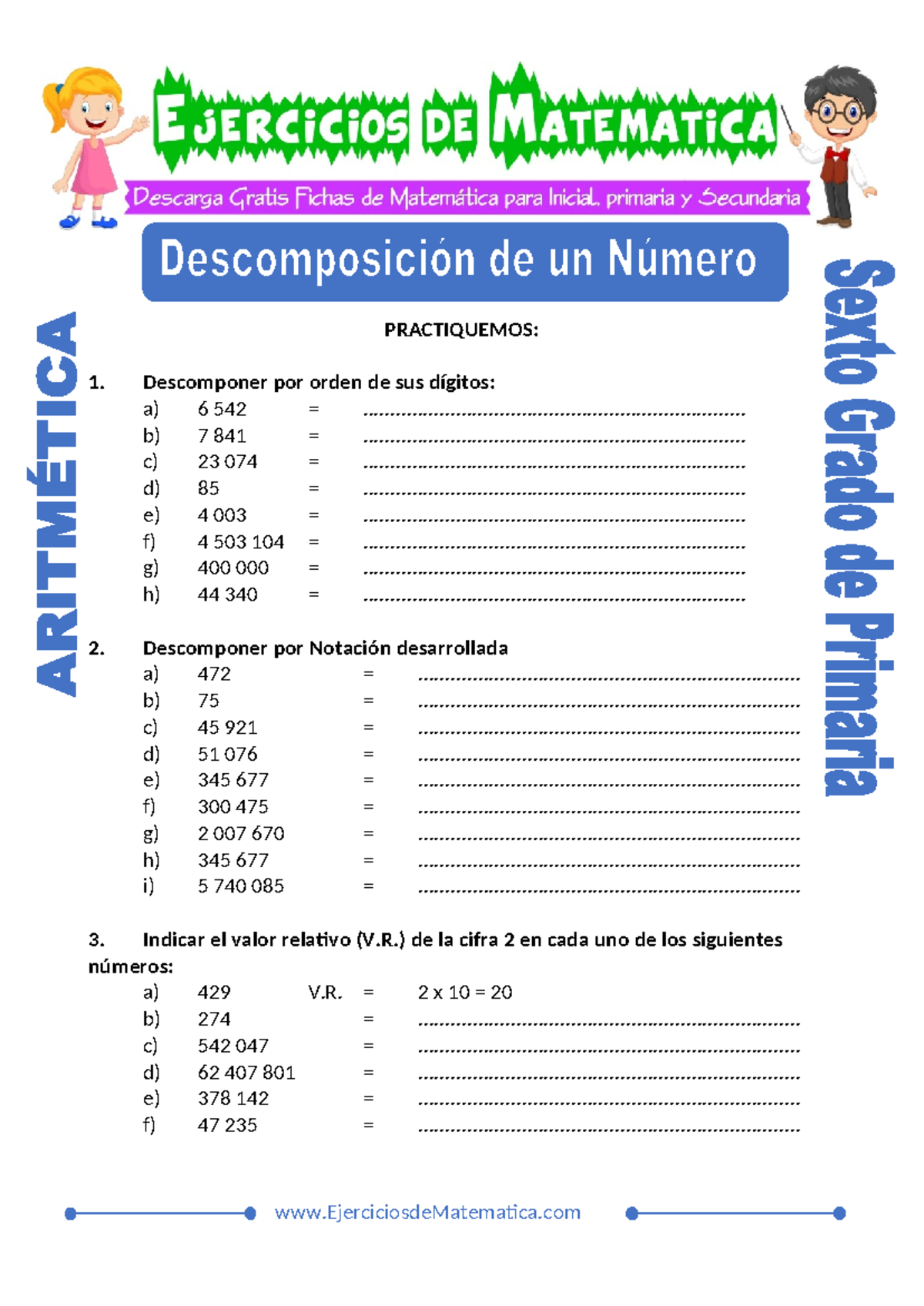 Ejercicios de Descomposición Numérica - Sexto Grado de Primaria - Studocu