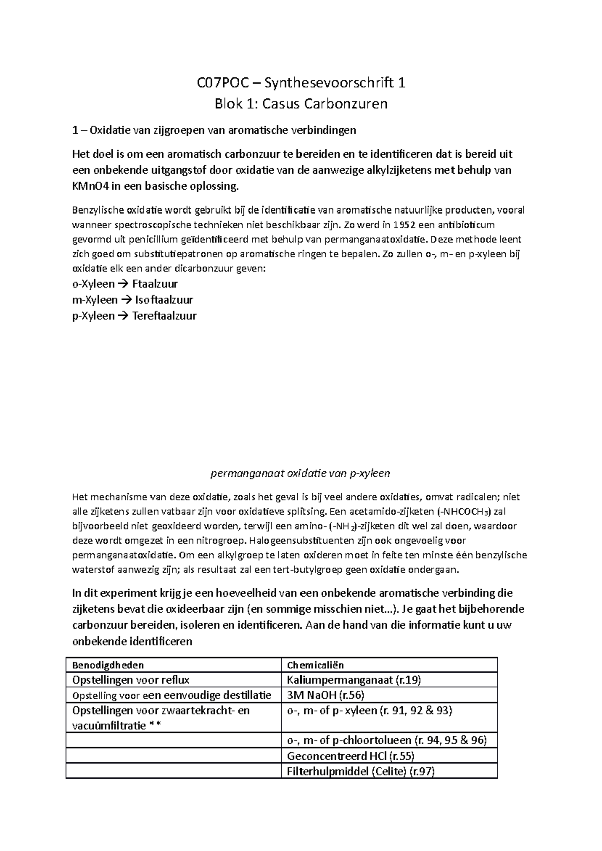 C07POC - Synthese van Aromatische Carbonzuren via Oxidatie - Studeersnel