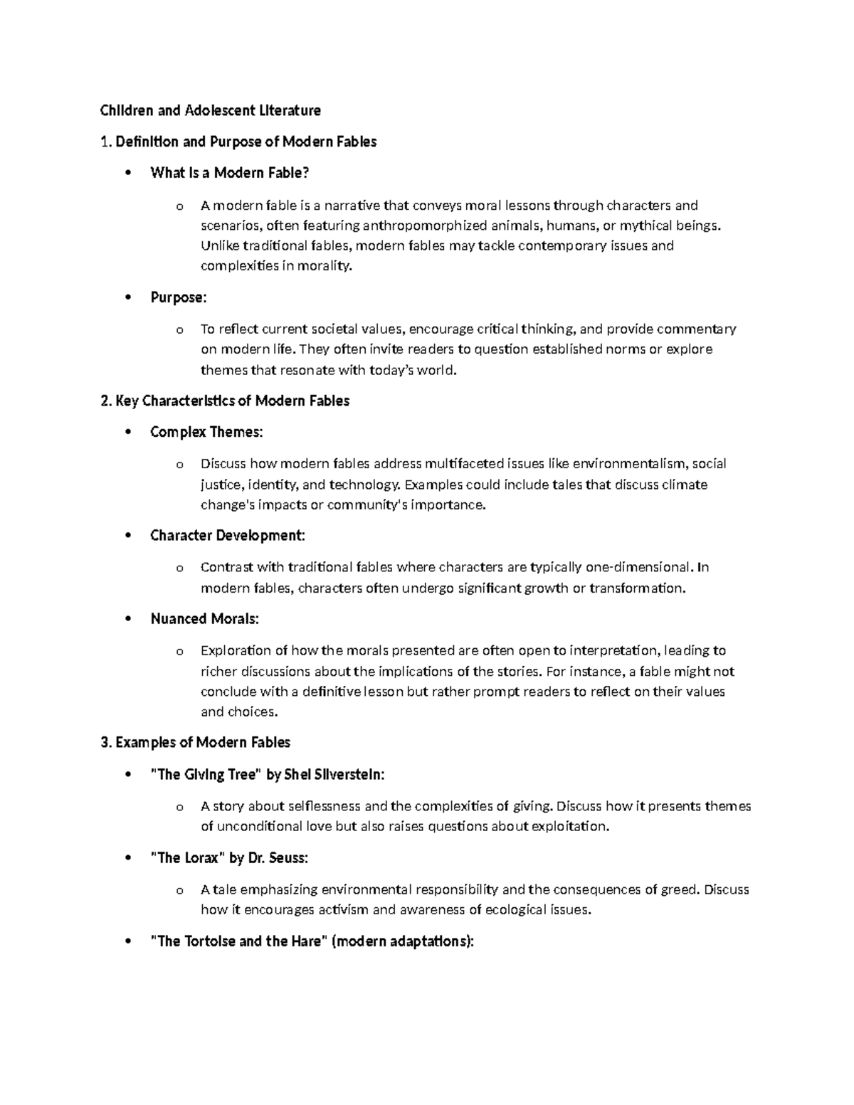 Modern Fables: Insights into Child and Adolescent Literature - Studocu