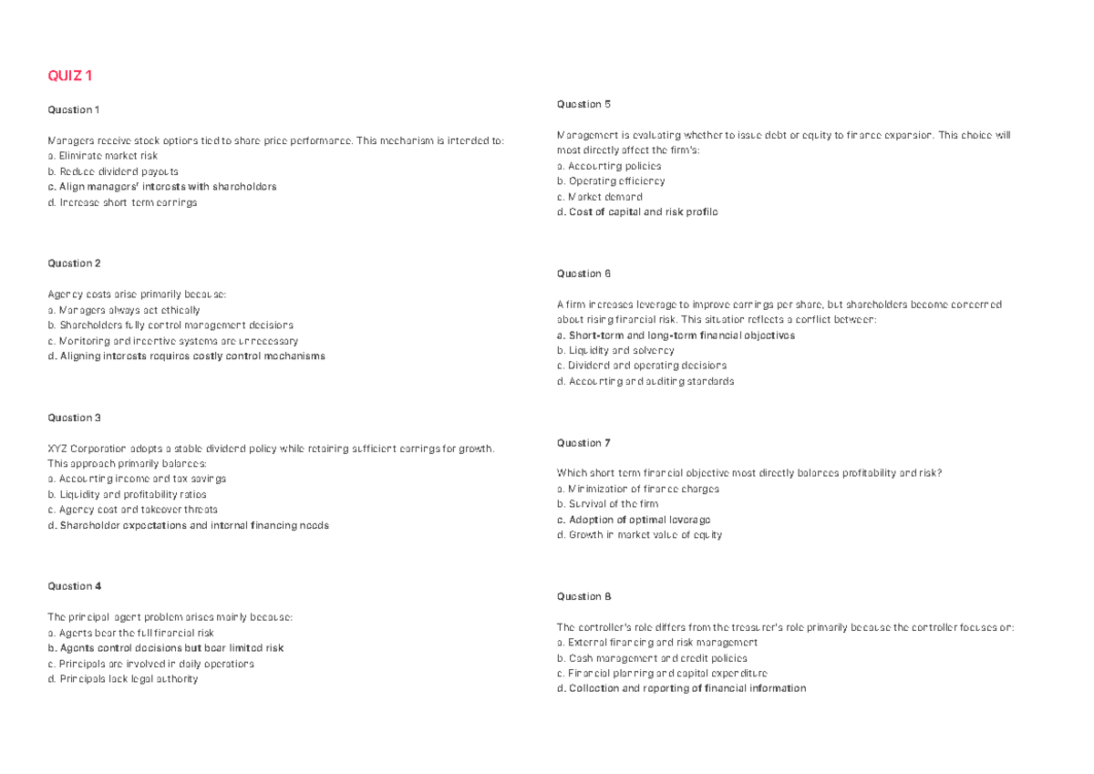 QUIZ 1: Financial Management Concepts and Agency Theory - Studocu