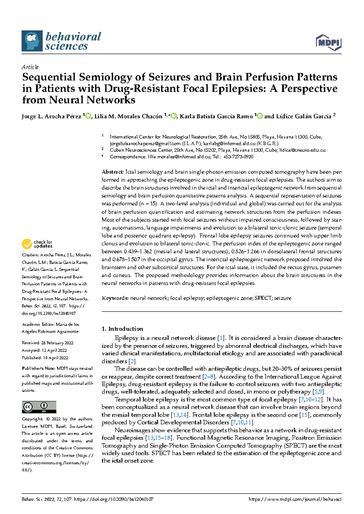 Behav. Sci. 12: Sequential Semiology & Brain Perfusion in Focal ...