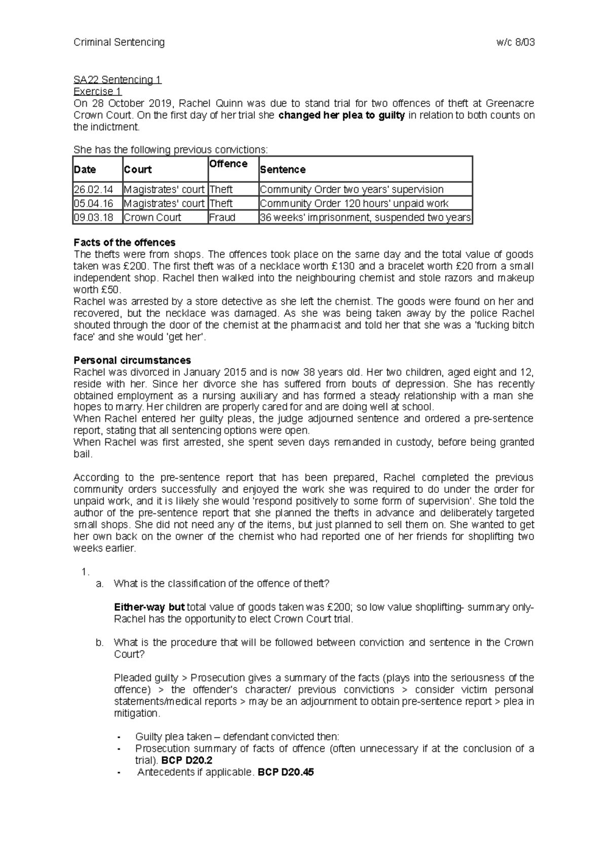 SA22 Sentencing 1 Tutorial Questions on Theft and Sentencing Principles ...