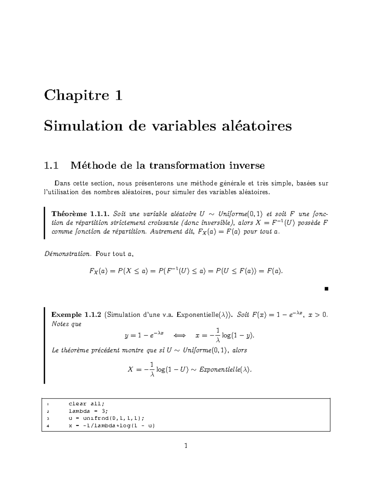 Chapitre 1 - Simulation de Variables Aléatoires (Méthodes et Exemples) - Studocu
