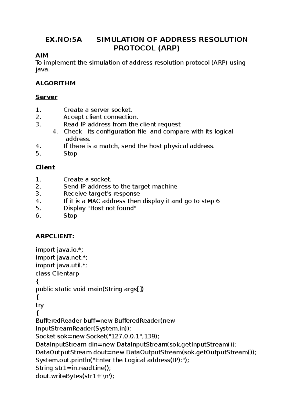 5A ARP Protocol Simulation - Java Implementation Guide - Studocu