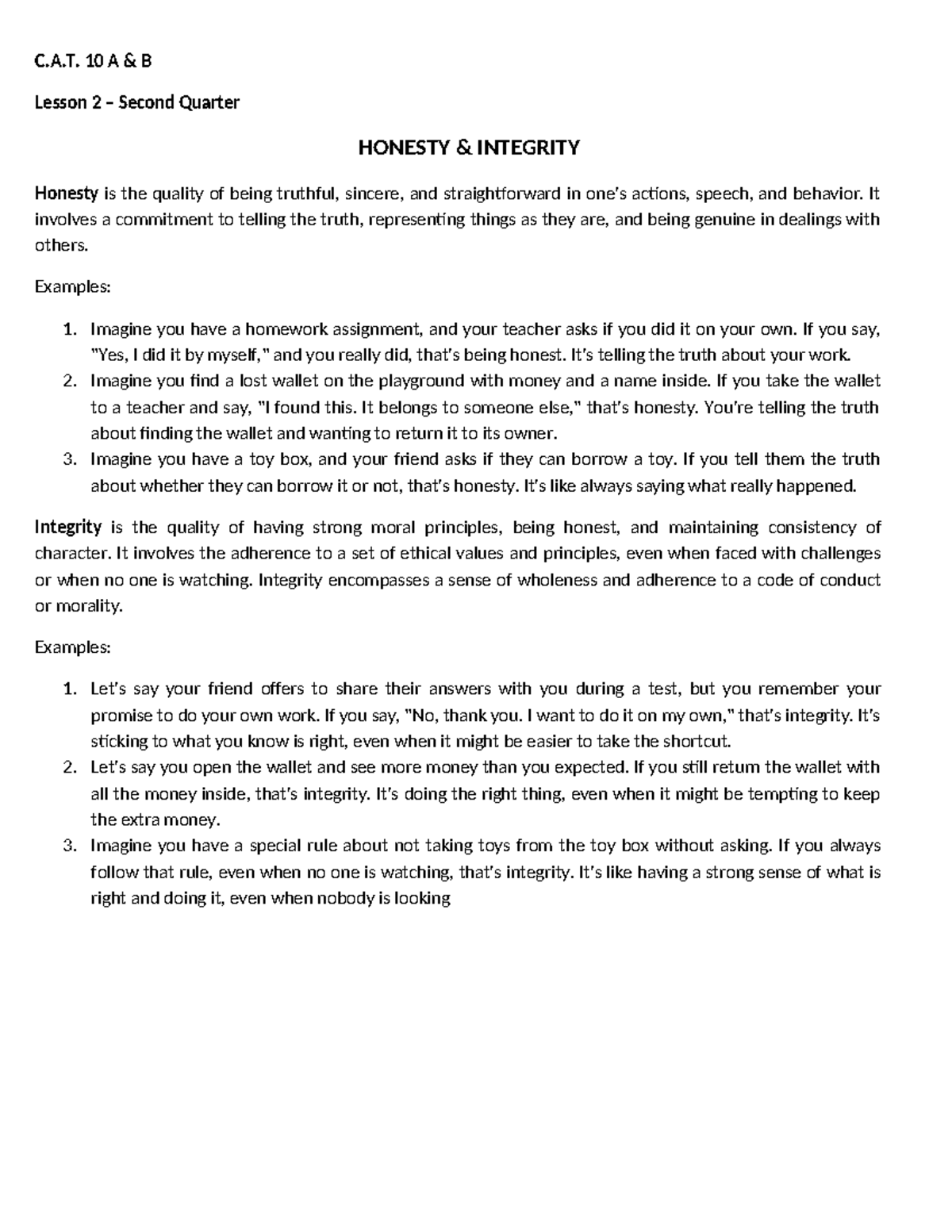Lesson 2 - Honesty & Integrity - C.A. 10 A & B Lesson 2 – Second ...
