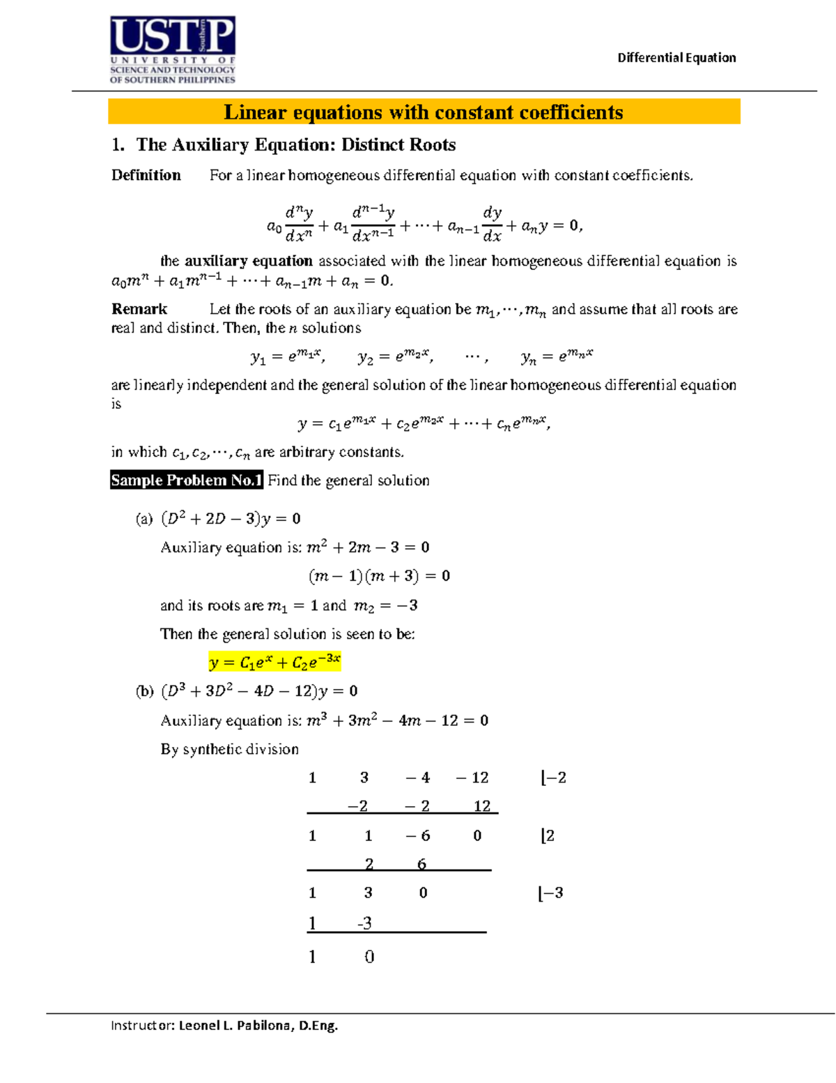 Differential Equation ES 208: Topic 6 - Linear Equations & Solutions ...
