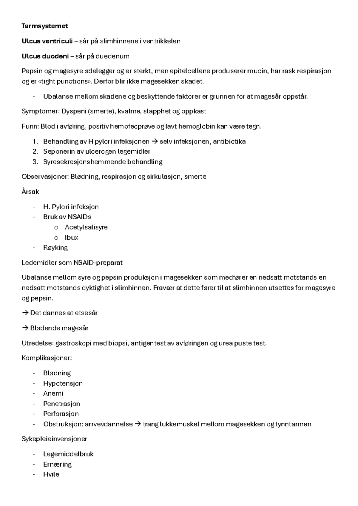 Tarmsystemet: Ulcus, Inflammatoriske Sykdommer og Behandlinger - Studocu