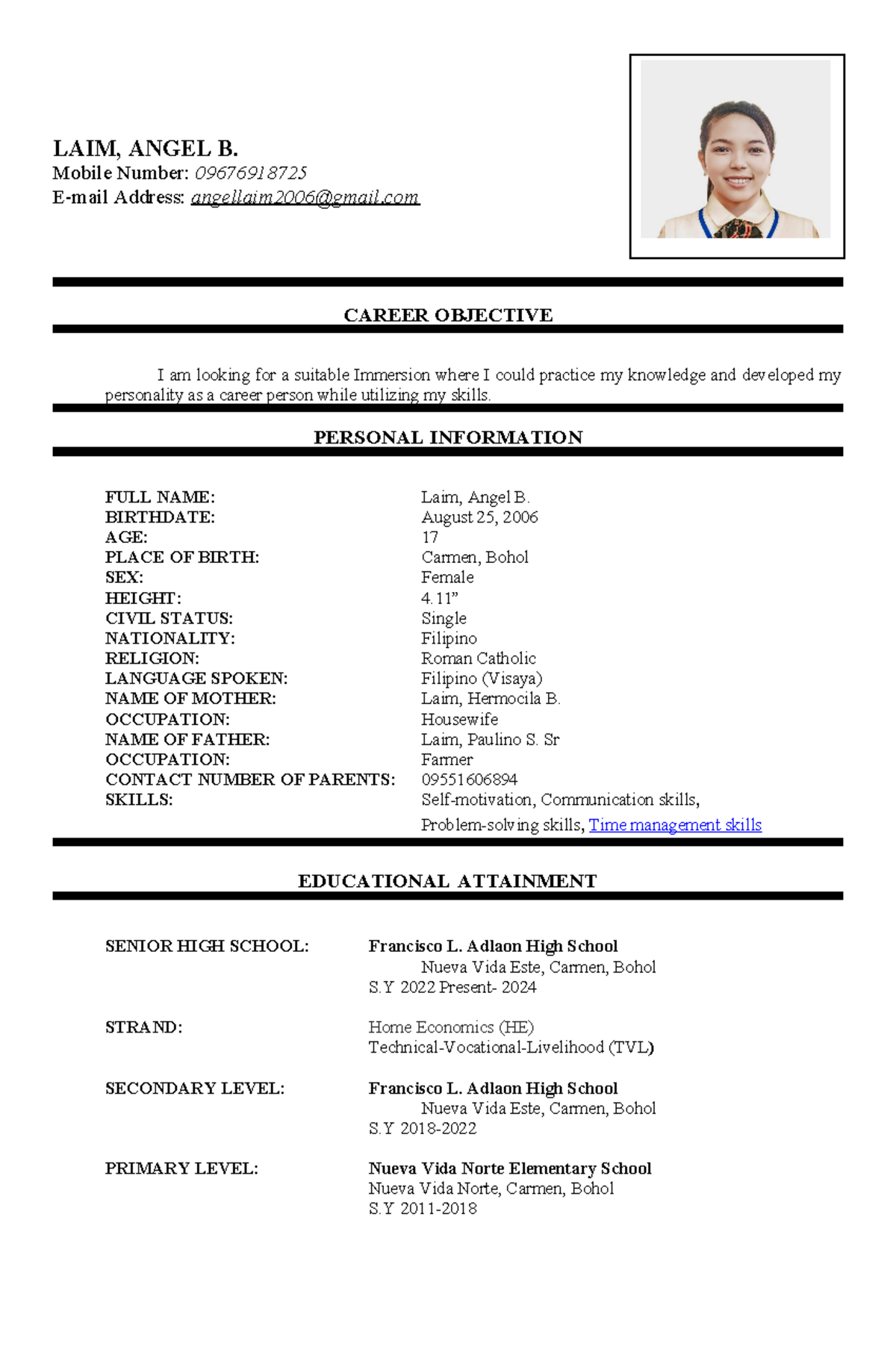 LAIM, Angel B. - Resume for Immersion Opportunity - Studocu