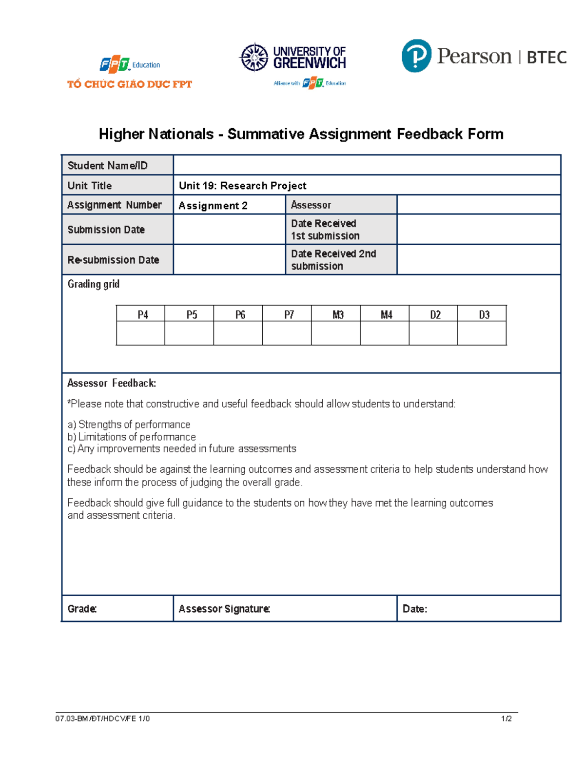 5060 Assignment 2 Feedback Form for Unit 19: Research Project - Studocu
