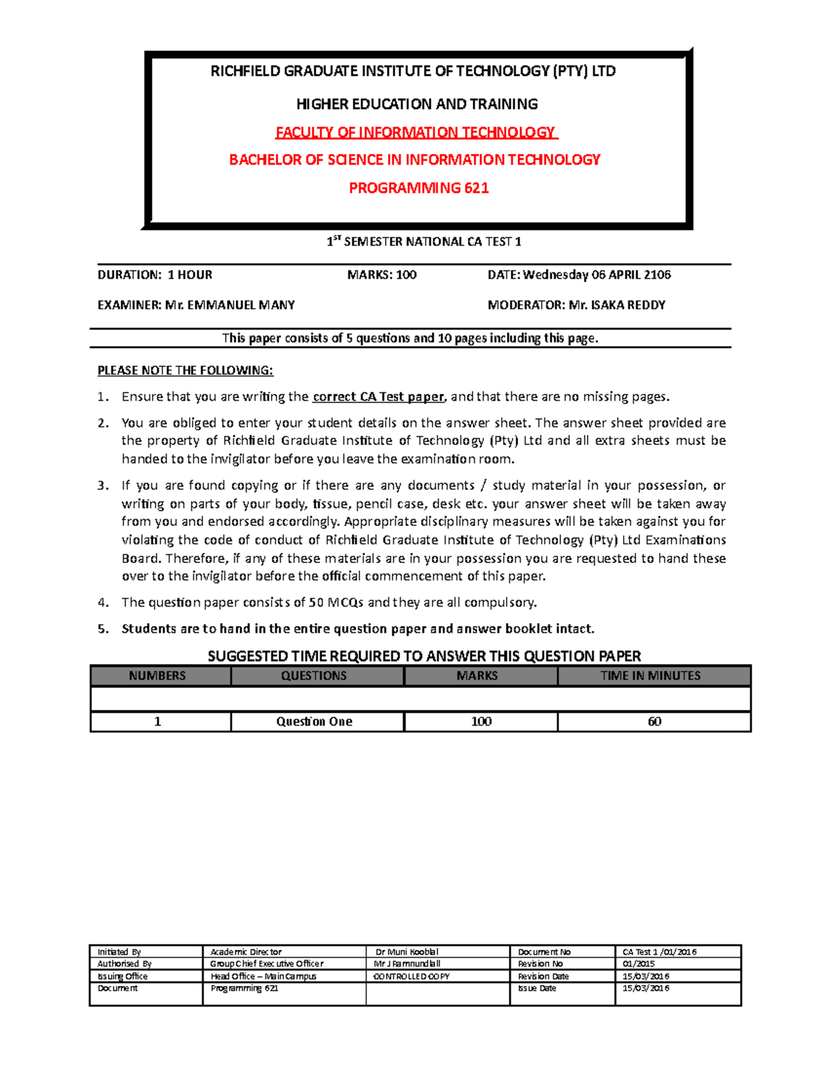 Bsc Prog 621 C Summary Programming 1 St Semester National Ca Test 1 Duration 1 Hour