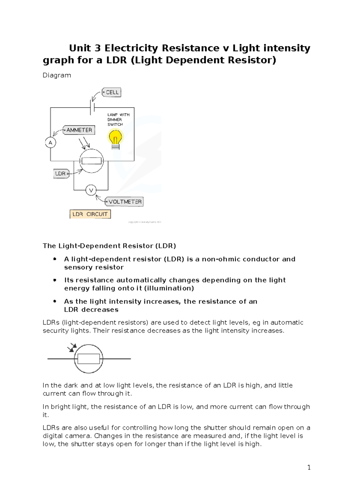 Unit 3 Electricity IV graphs for LDR - Unit 3 Electricity Resistance v ...