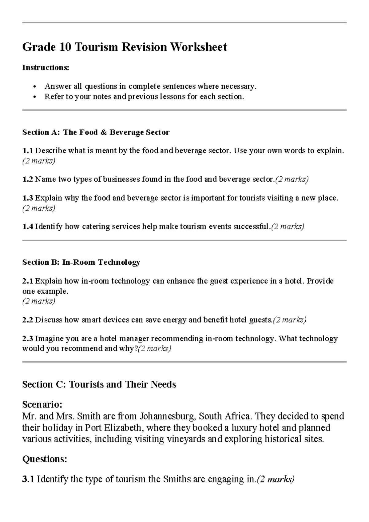 Grade 10 Tourism Revision Worksheet: Key Concepts & Questions - Studocu