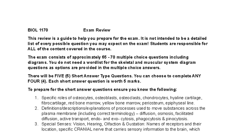 BIOL 1170 Final Exam Review - Comprehensive Study Guide - Studocu