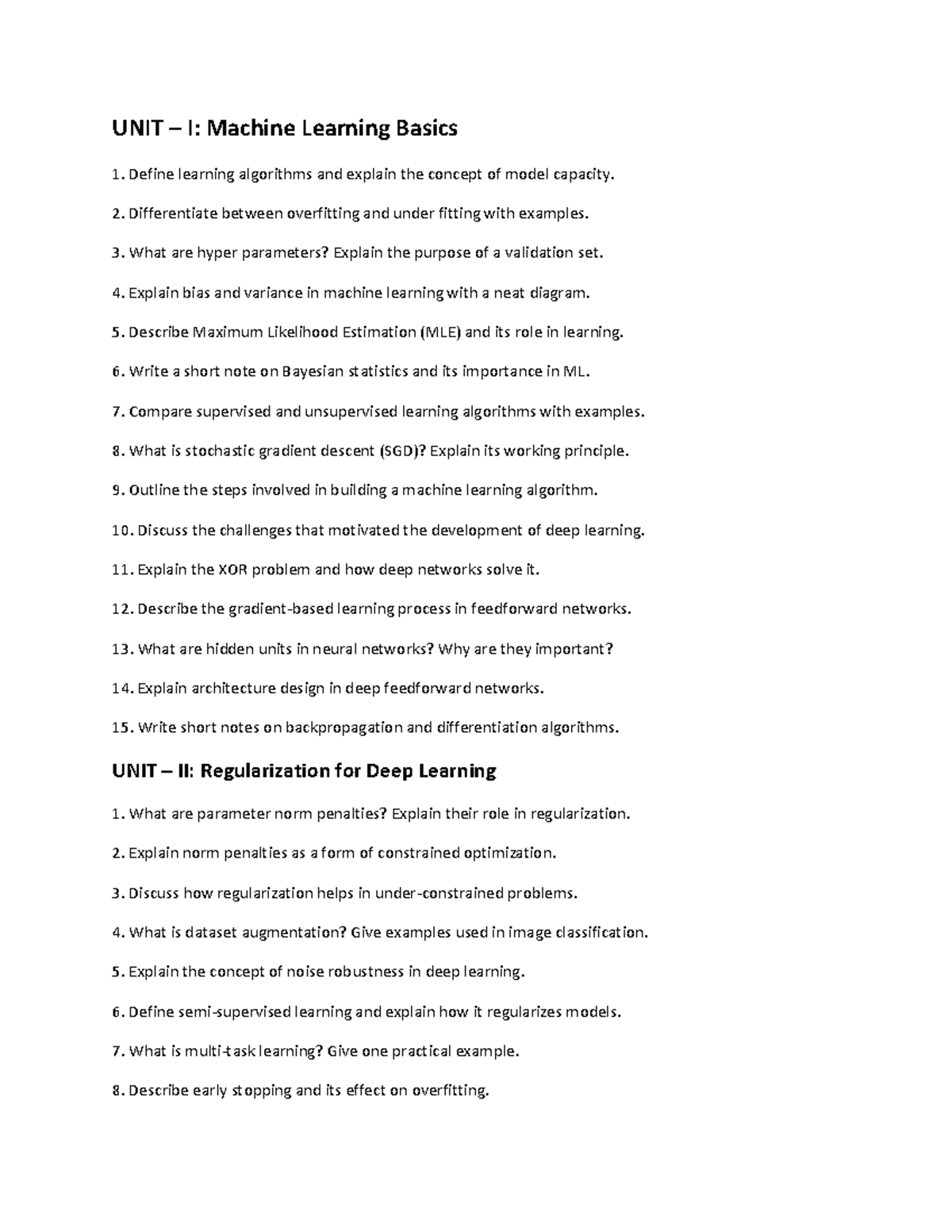 Deep Learning Questions: ML Basics, Regularization, CNNs & RNNs - Studocu