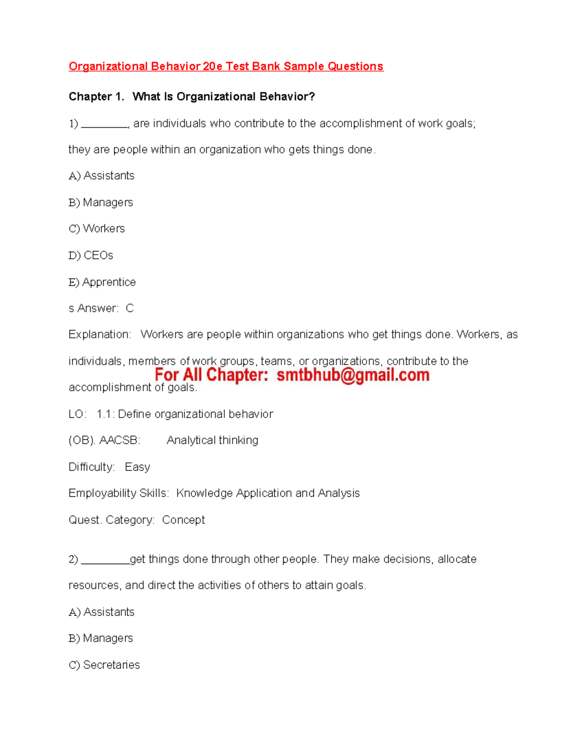 Organizational Behavior 20e Sample Test Bank Questions - Chapter 1 ...