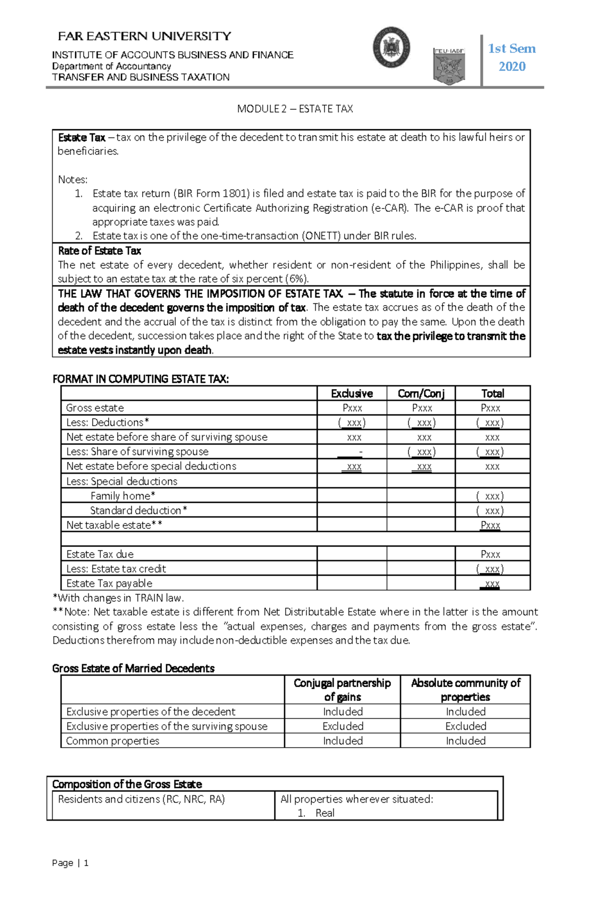 Module 2 - Estate Tax Overview and Regulations for 2020 - Studocu