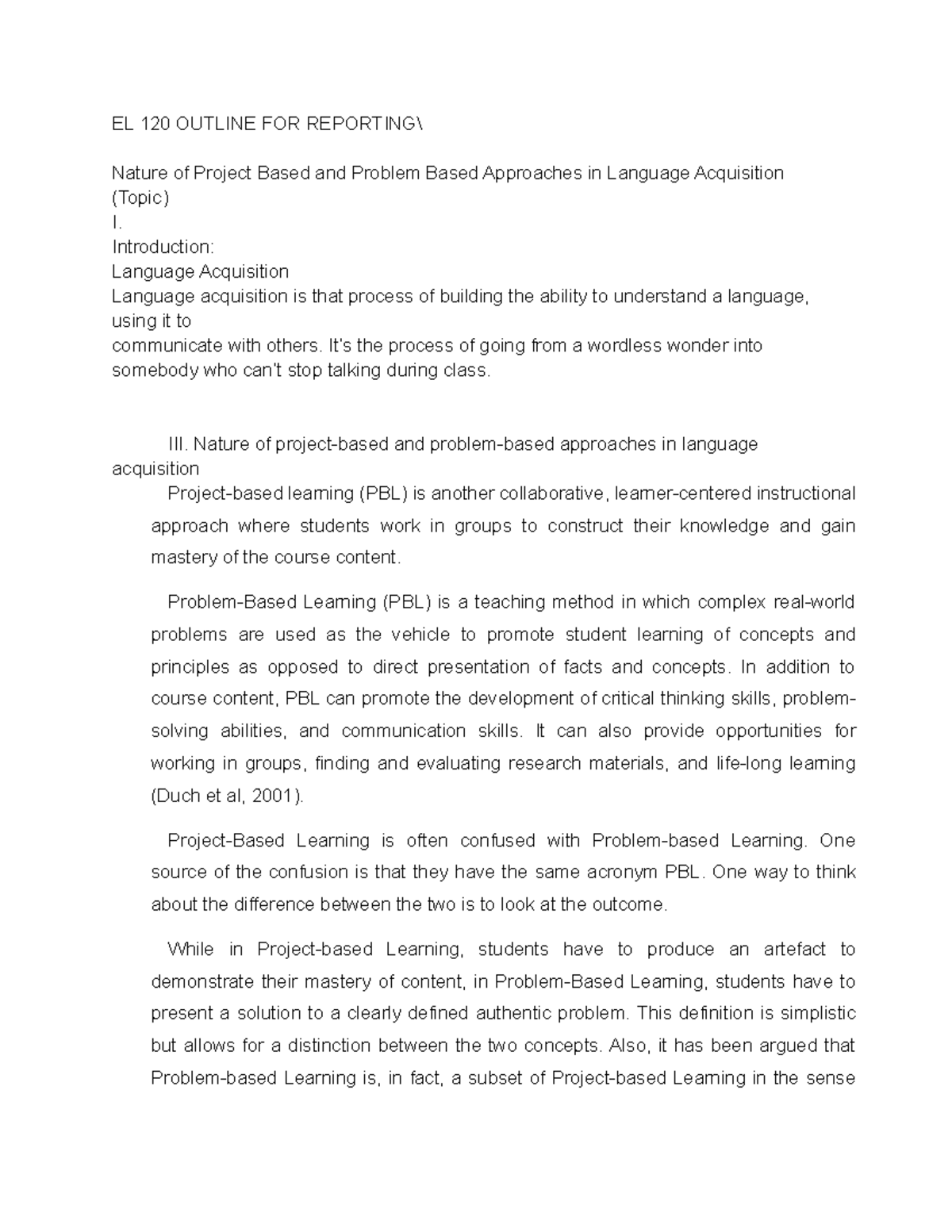 Nature of Project-Based and Problem-Based Approaches in EL 120 - Studocu