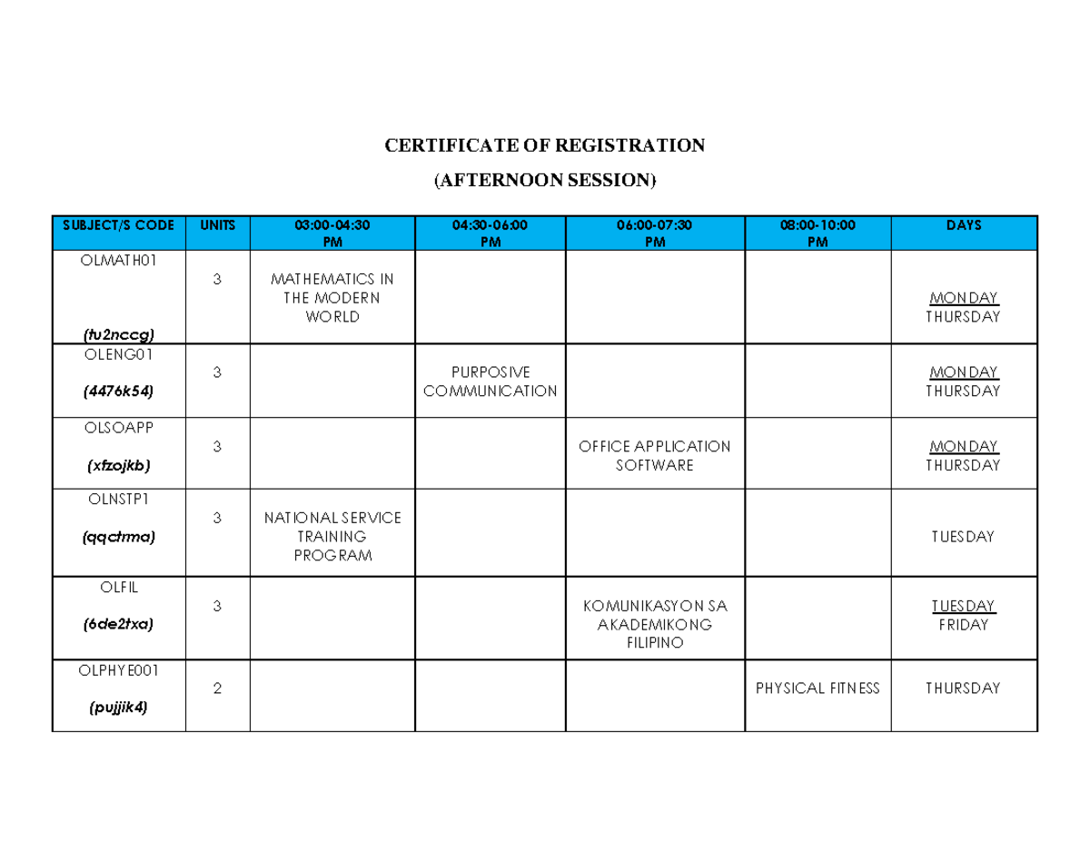 SOFAPP ACTIVITY - CERTIFICATE OF REGISTRATION (AFTERNOON SESSION ...