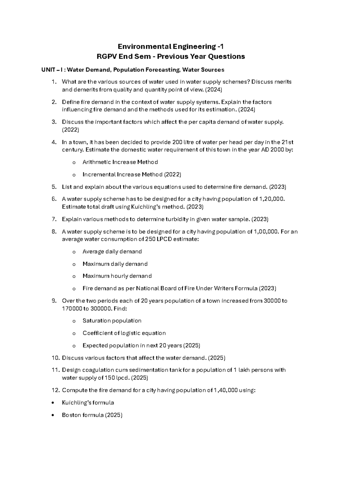 Environmental Engineering RGPV End Sem Previous Year Questions on Water ...