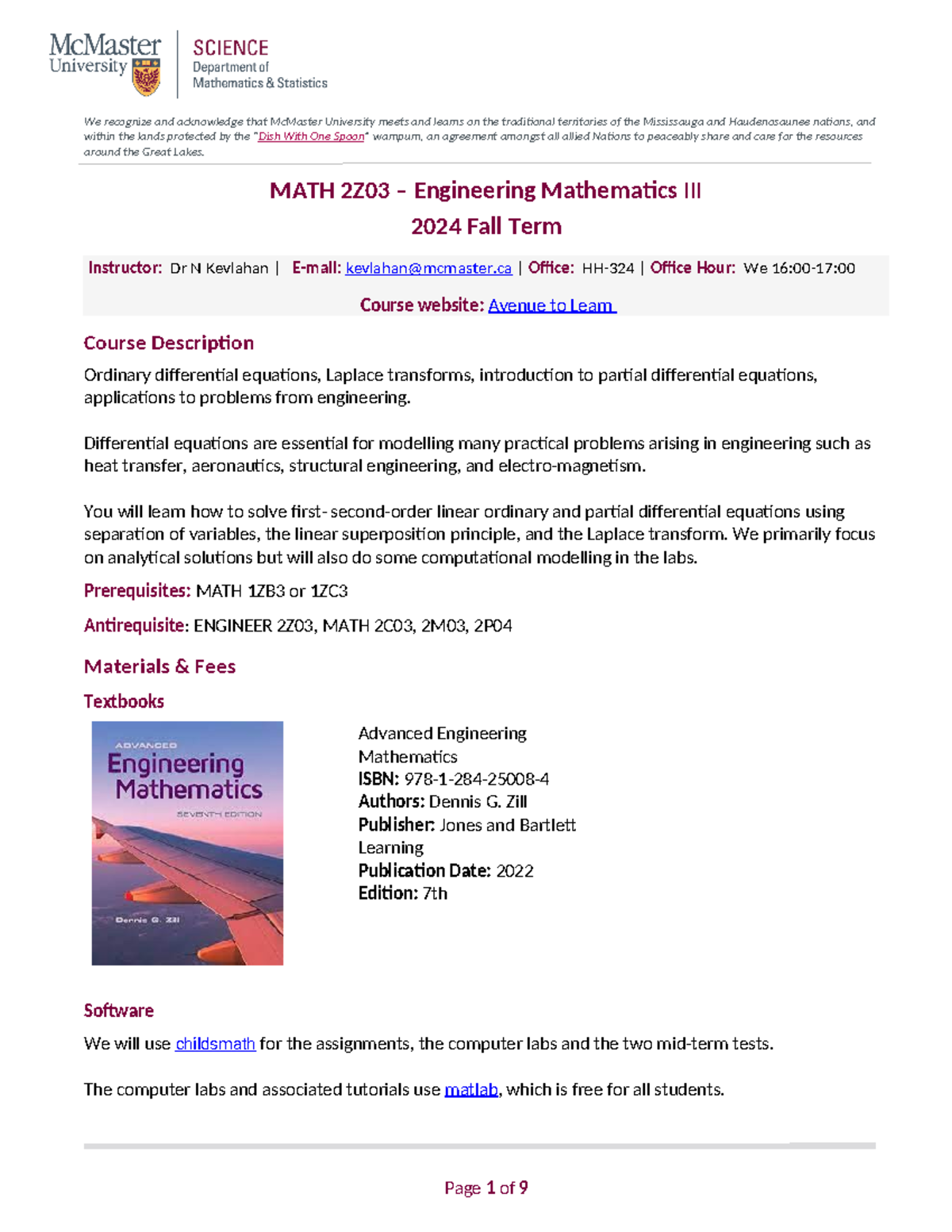 MATH 2Z03 - Engineering Mathematics III Course Outline - Fall 2024 ...