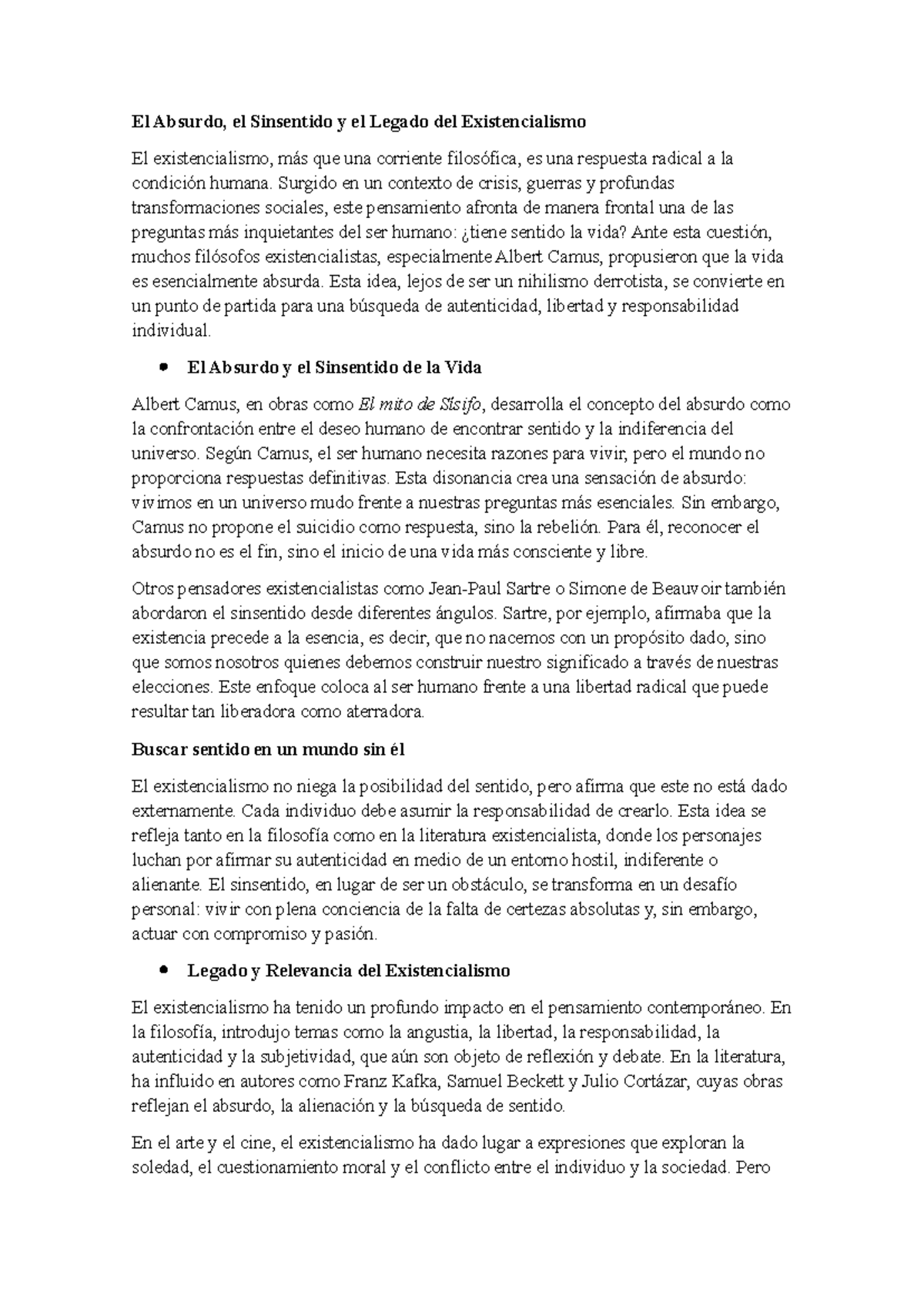 Existencialismo: Absurdo, Sinsentido y su Legado - nnnn - Studocu