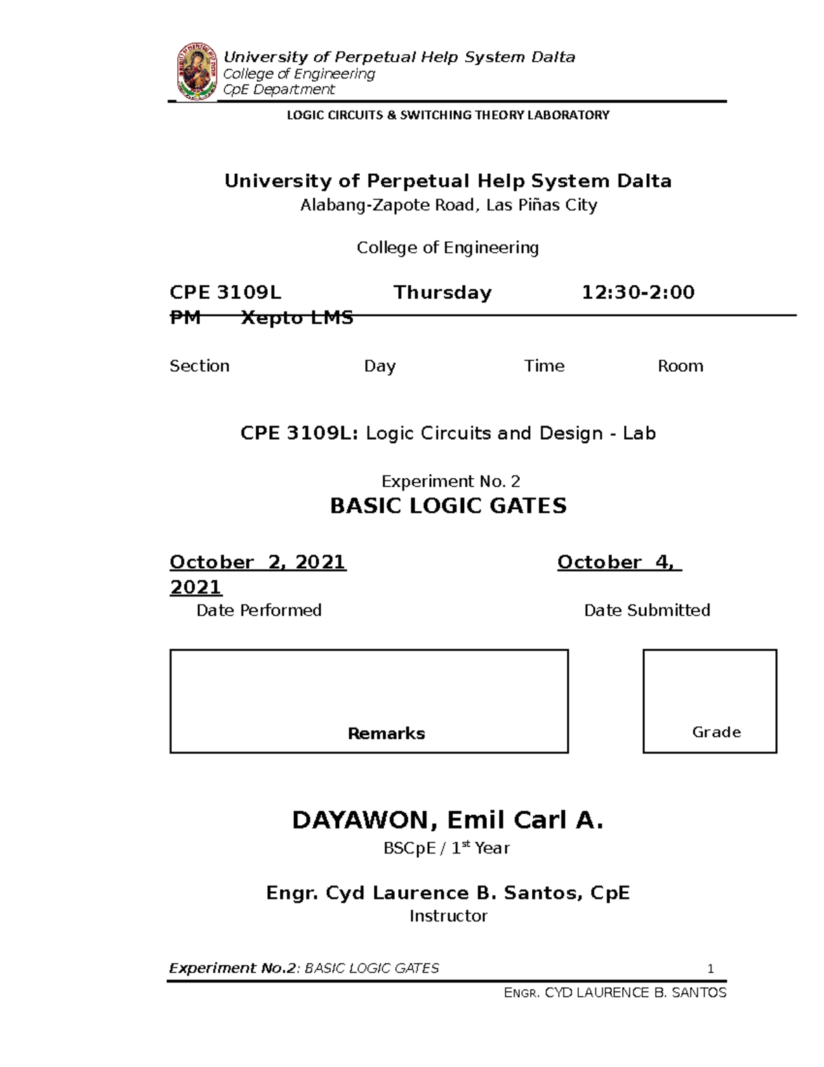 Experiment 2 Basic Logic Gates Dayawon College Of Engineering Cpe Department Logic Circuits